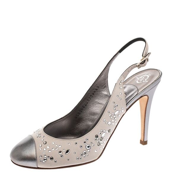 Gina | Shoes | Gina Metallic Silver Satin And Leather Crystal ...